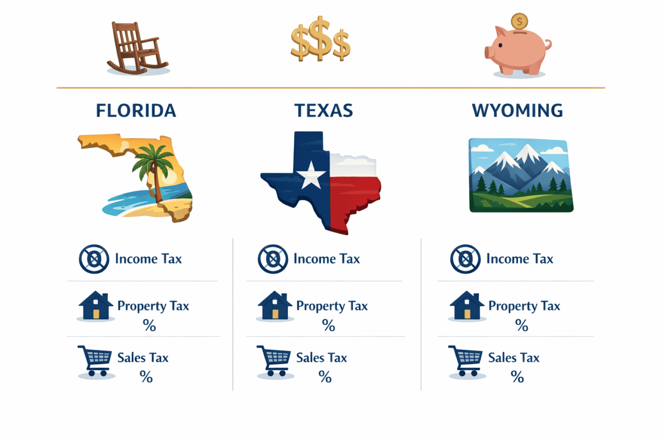 Tax-Free Retirement Living: Florida, Texas, and Wyoming Income